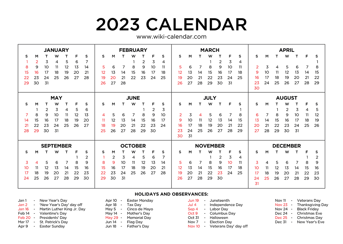 2023 Yearly Calendar With Holidays Printable - 2026 Calendar Printable