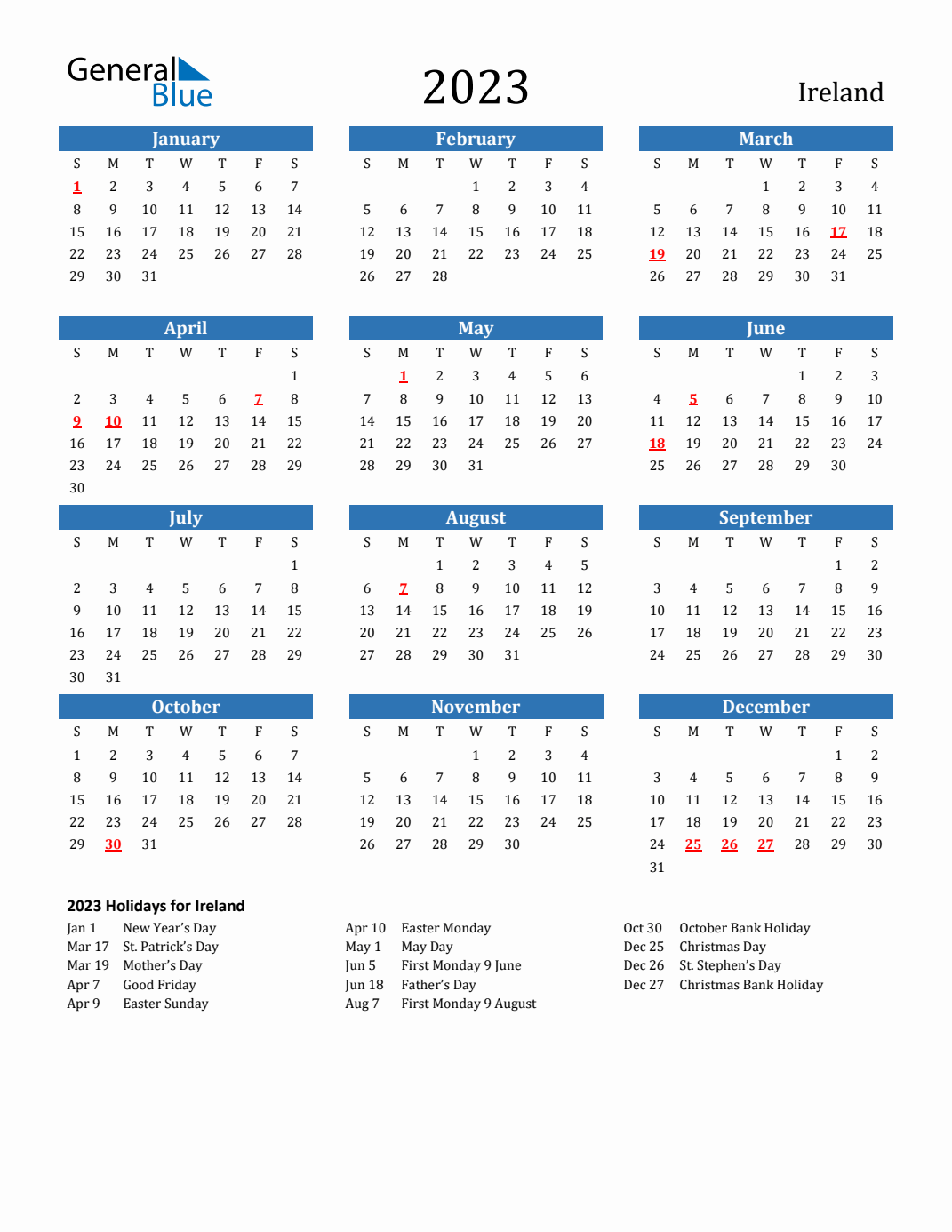 Calendar 2023 Ireland Printable - 2025 Calendar Printable