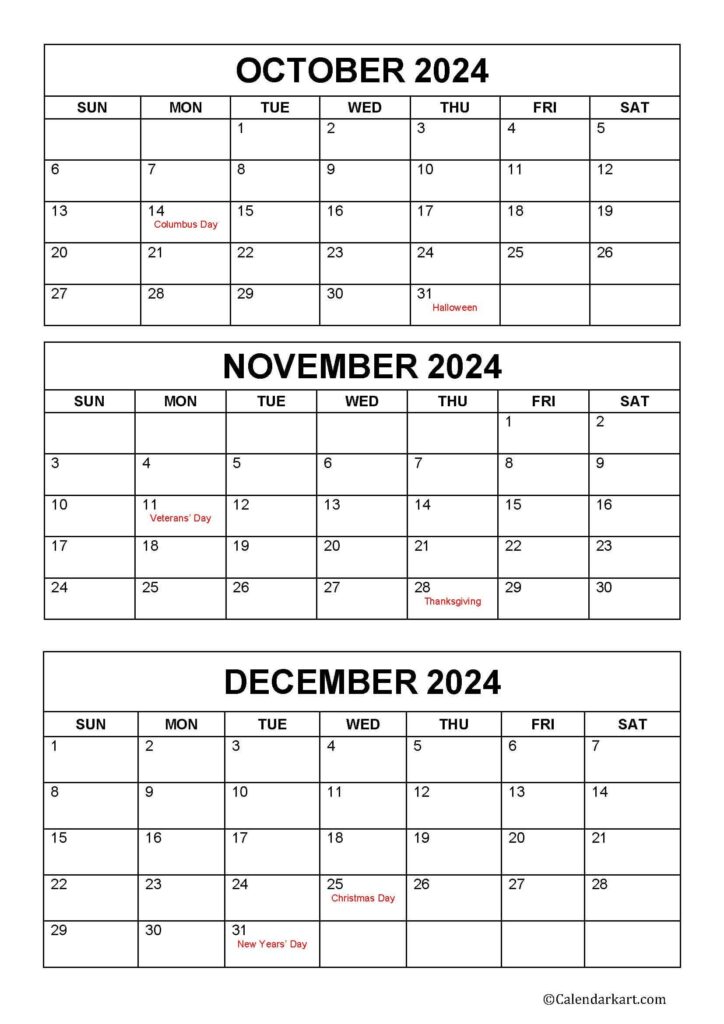 October November December Calendar 2024 - 2025 Calendar Printable