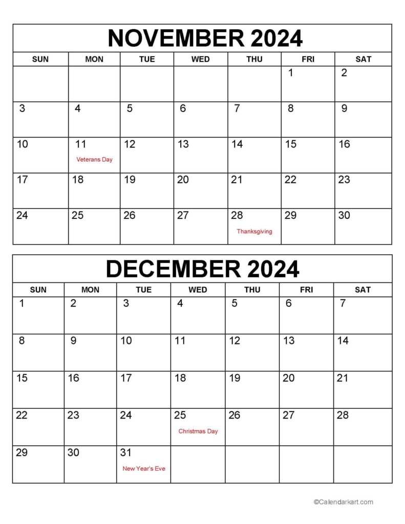 November And December 2024 Calendar With Holidays - 2025 Calendar Printable